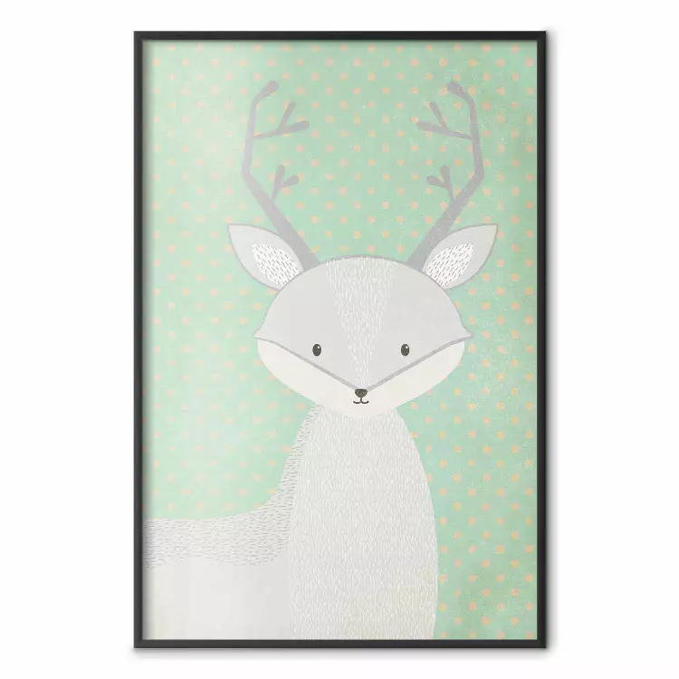 Poster Giovane cervo - animale grigio divertente su sfondo verde a pois ...