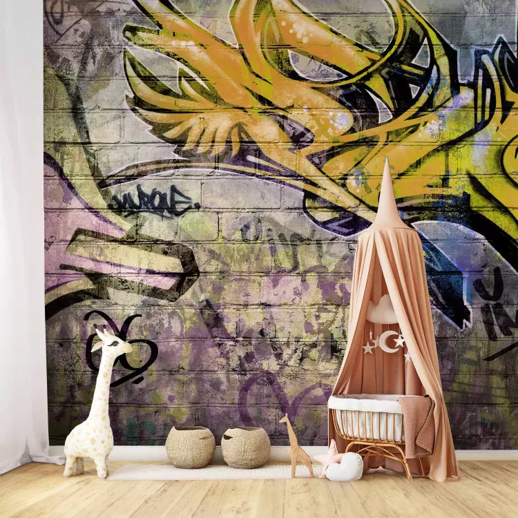Carta da parati design Graffiti mozzafiato - street art colorata in tonalità viola su muro di ...